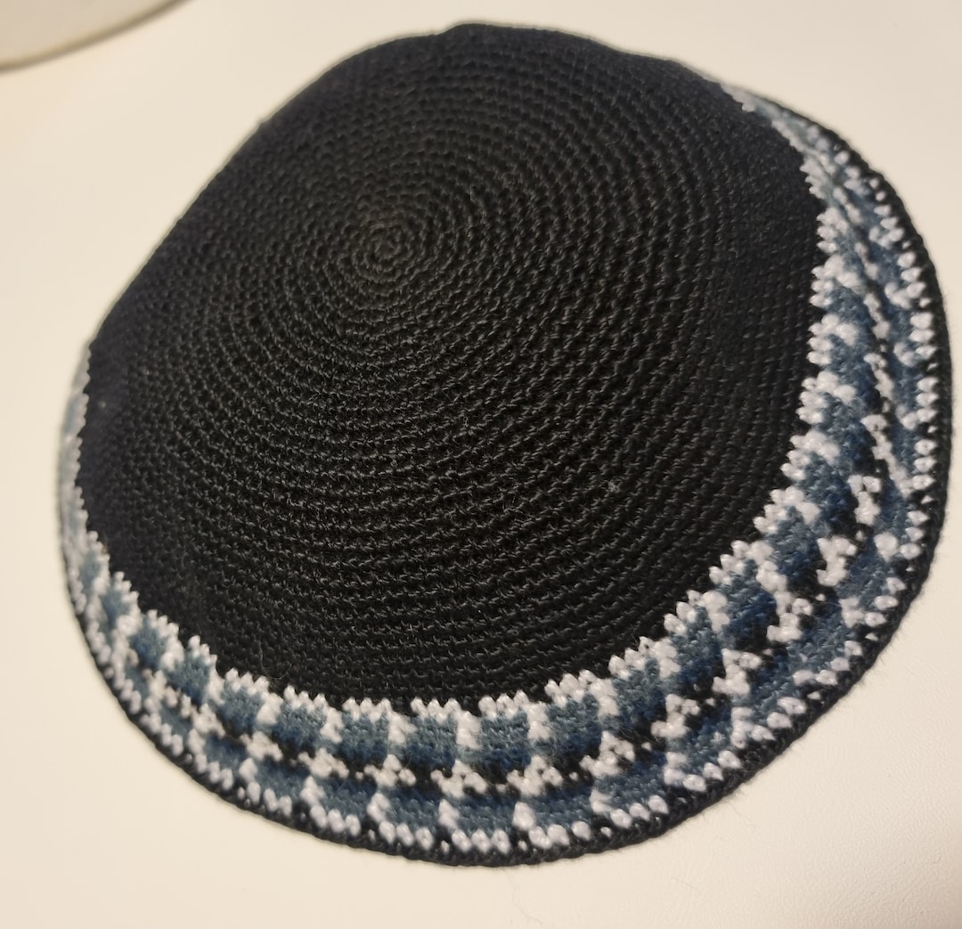 Black Kippah 18cm Cap Border Design Yarmulke Handmade Crochet Knitted ...