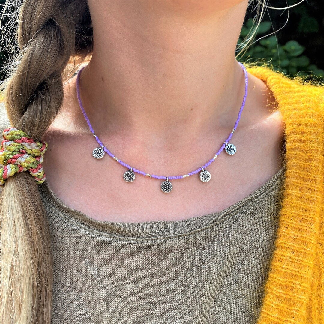 Boho Flower Coin Necklace (available in 36 Colours) : Seed Beaded ...