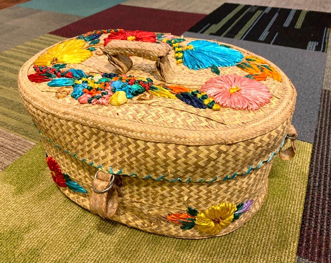 Vintage Raffia Rattan Travel Train Case Floral Embroidered Overnight ...