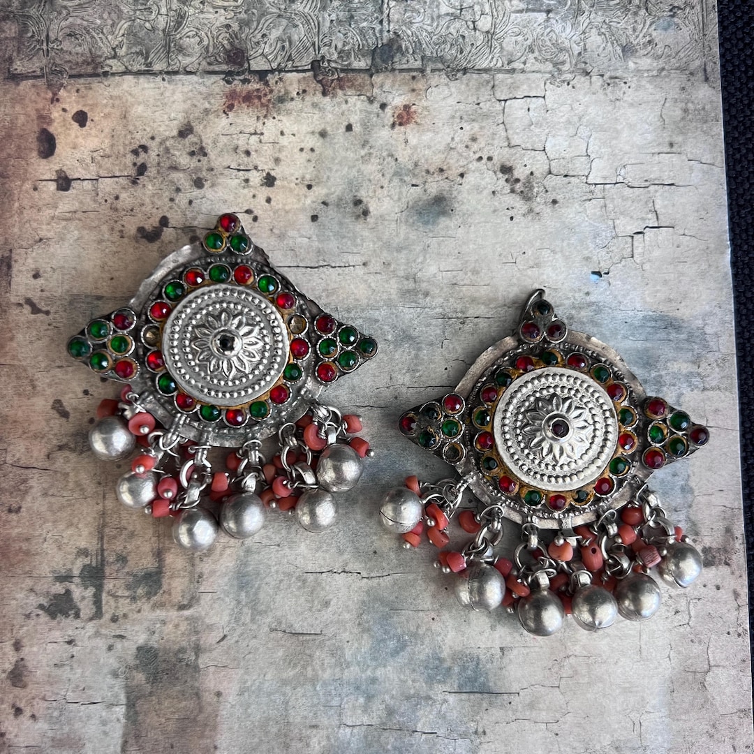 Uzbek Afghan Kuchi Silver Coral Glass Hair Ornament Earrings Et5025 - Etsy