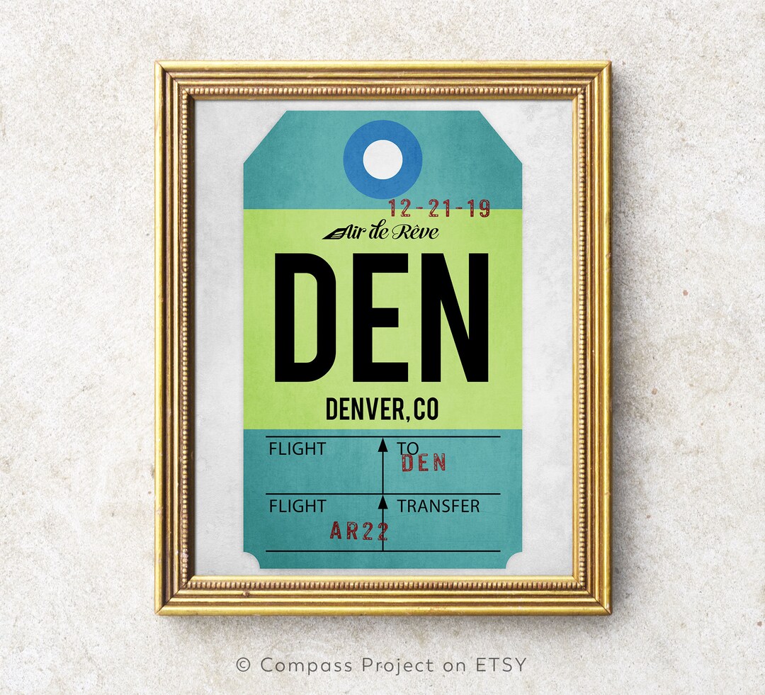 Airport Code Art Print, Vintage Style Luggage Tag Print, Denver DEN ...