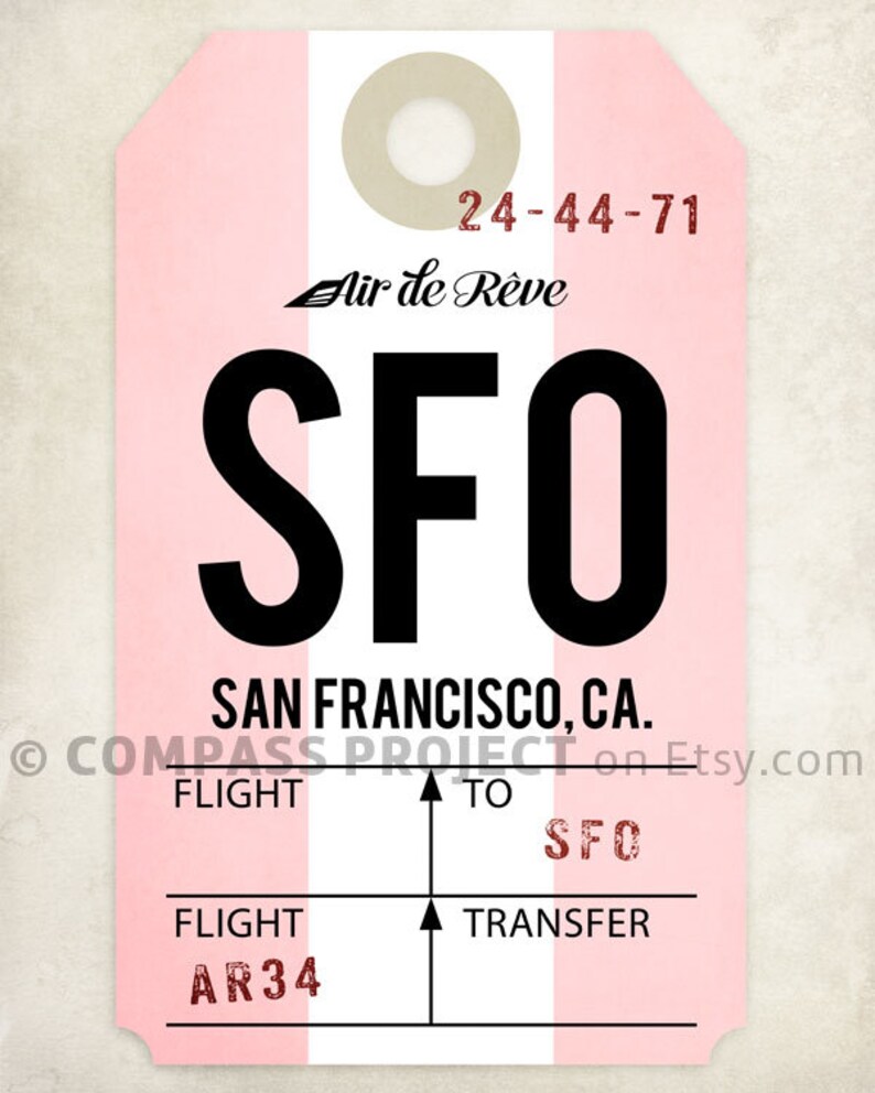 San Francisco Art Print, Airport Code Art, Vintage Style Luggage Tag ...