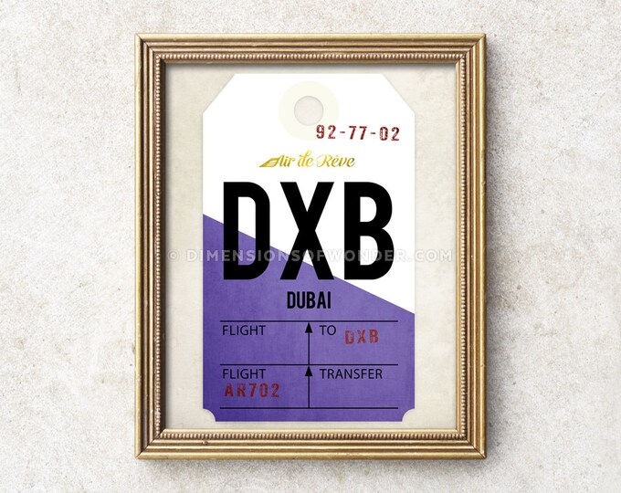Airport Code Art Print DXB Vintage Style Luggage Tag Art | Etsy