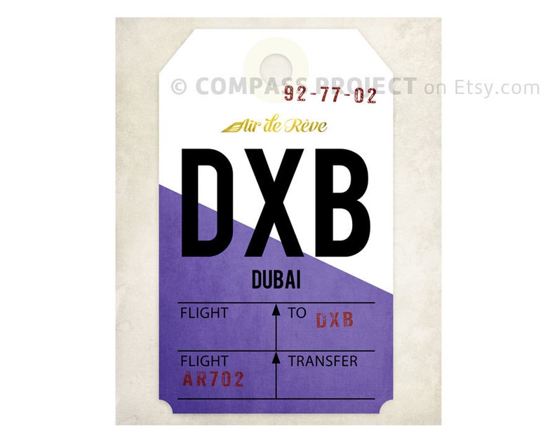 Airport Code Art Print, DXB Vintage Style Luggage Tag Art, Dubai Art, Dubai Print, Baggage Tag ...