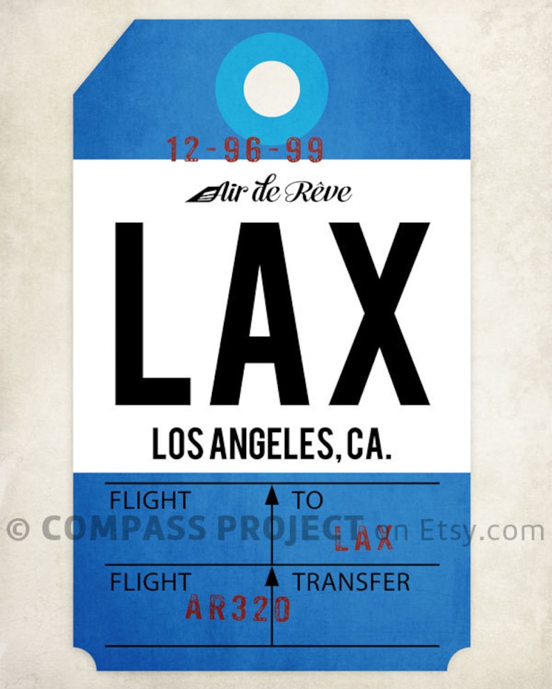 Airport Code Art Print, LAX Vintage Style Luggage Tag Art, Los Angeles ...