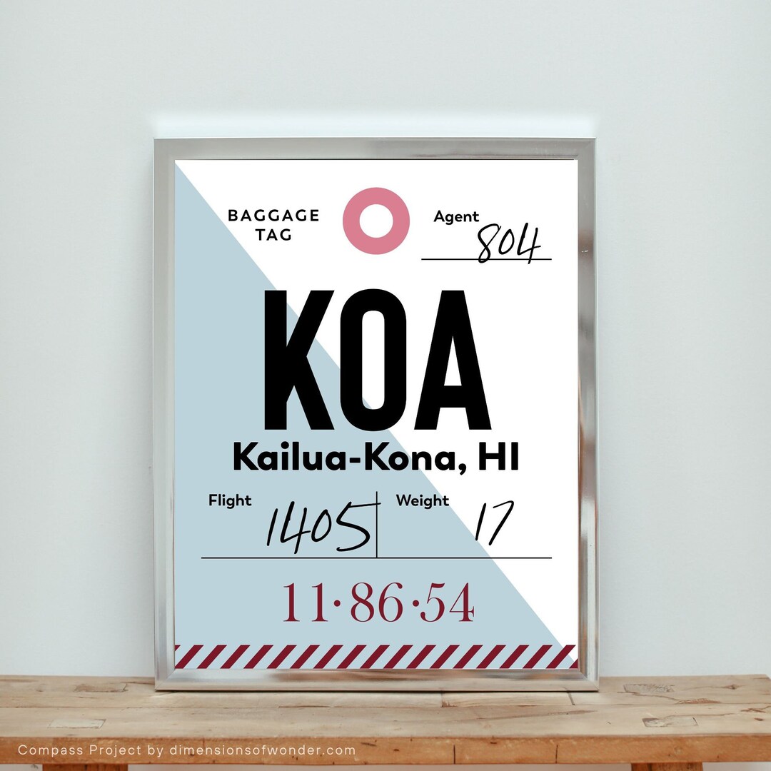 Kona Hawaii Print, KOA Airport Code Art, Vintage Style Luggage Tag ...