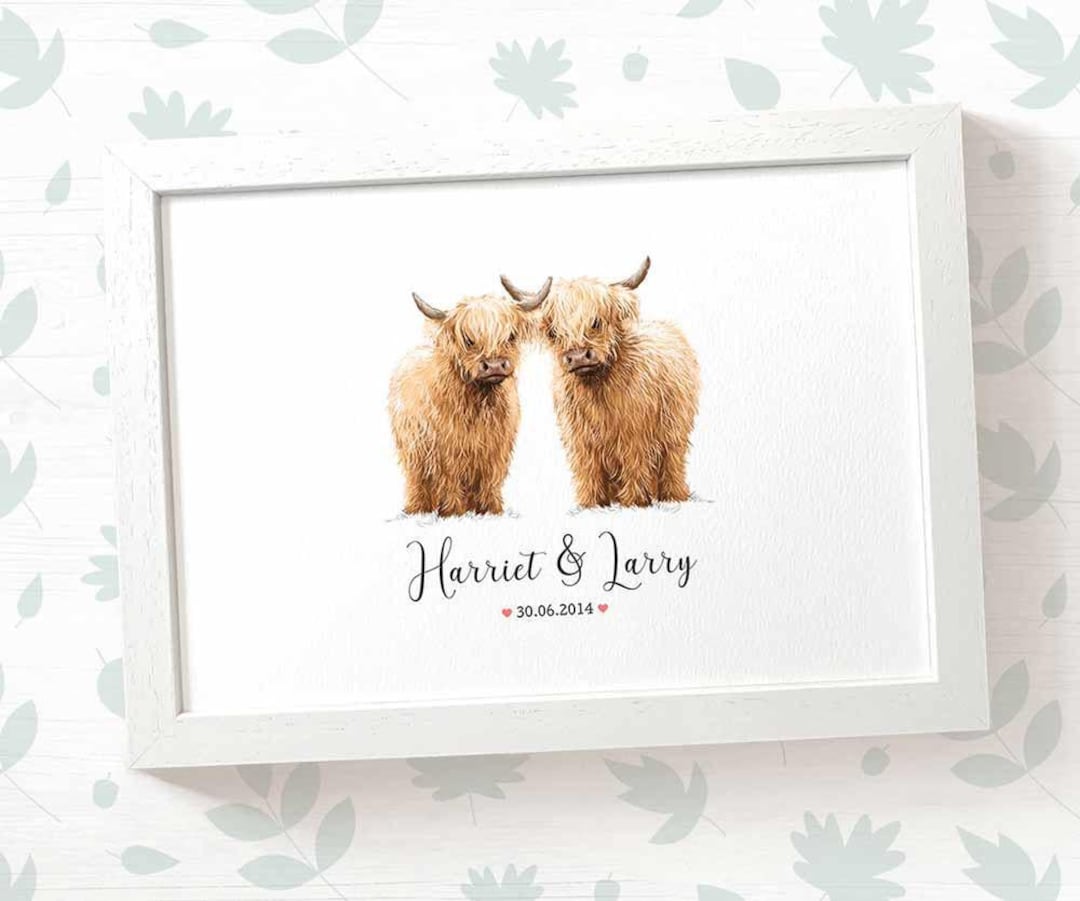 Highland Cow Wedding Print – Personalised Couple Illustration, Rustic ...