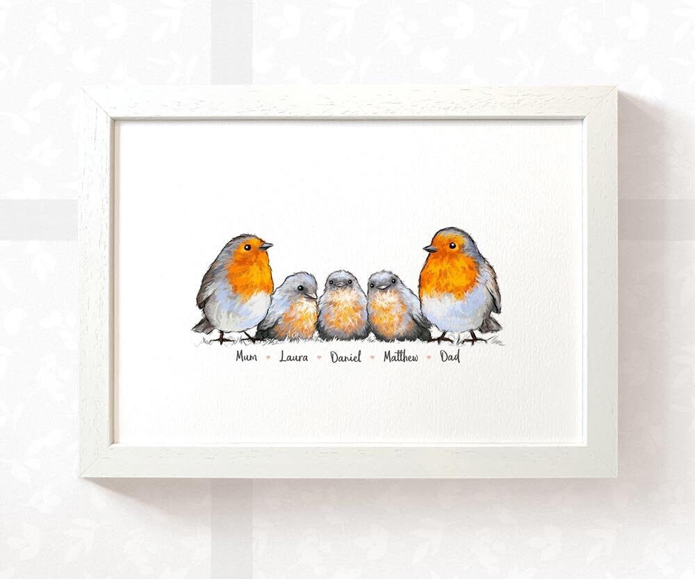 Robin Family Print Family of Five nursery art Robin triplet | Etsy