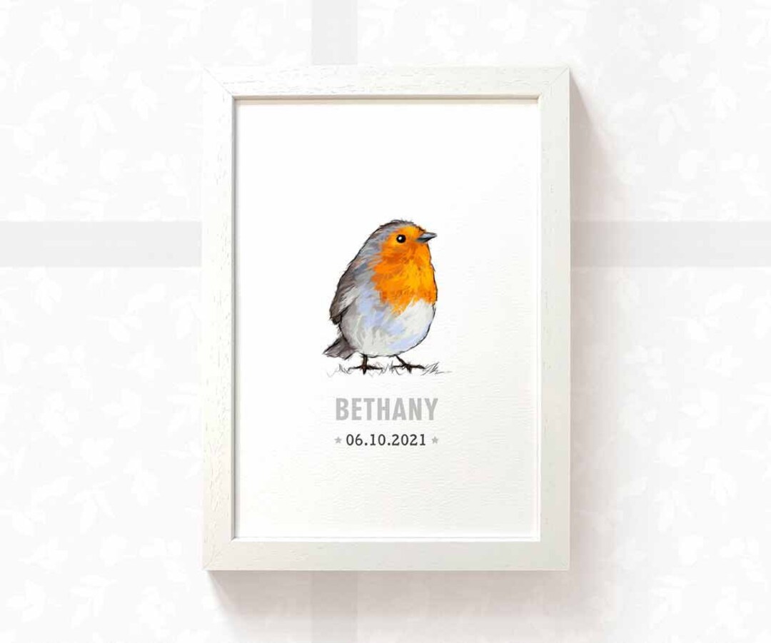 Robin Baby Name Print Bird Baby Shower Gift Birth Date Print, Robin ...