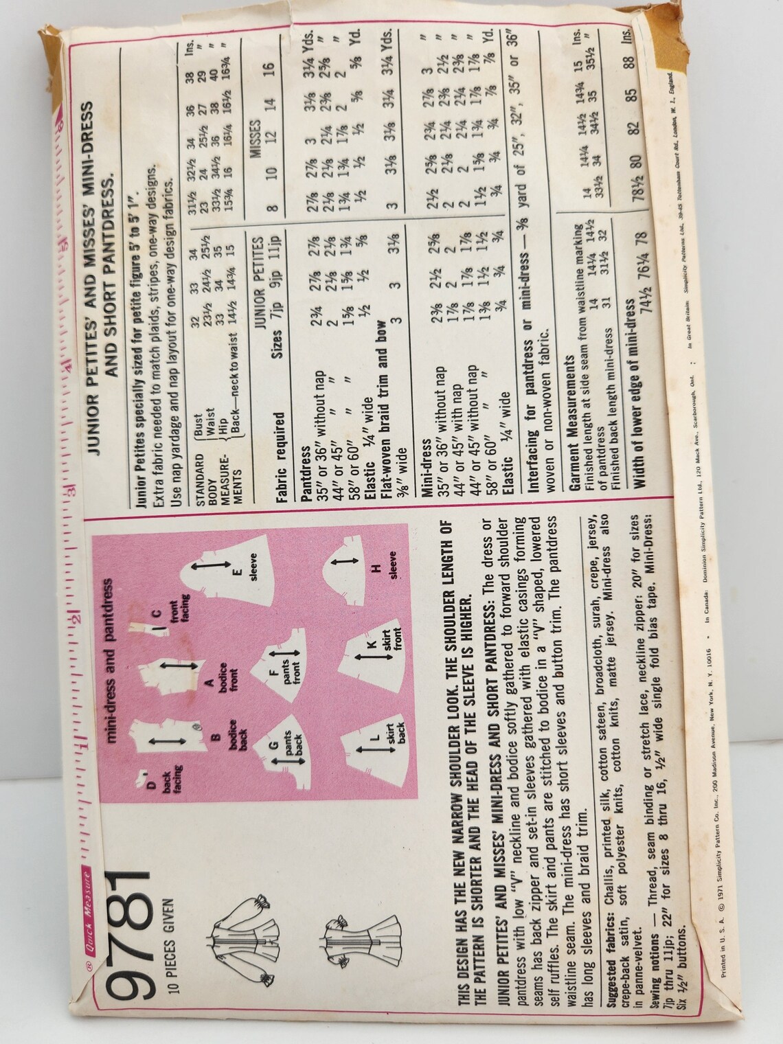 Vintage Simplicity 9781 Mini Dress Jumpsuit Sewing Pattern Size 18 Bust ...