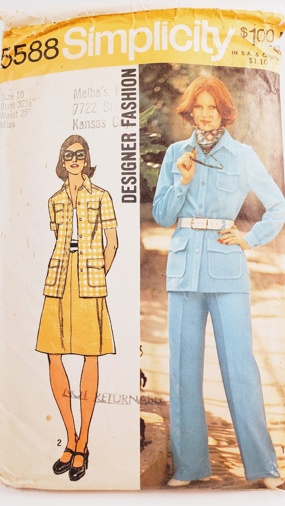 Vintage Simplicity 5588 Shirt Jacket Skirt Pants Sewing Pattern Size 10 ...