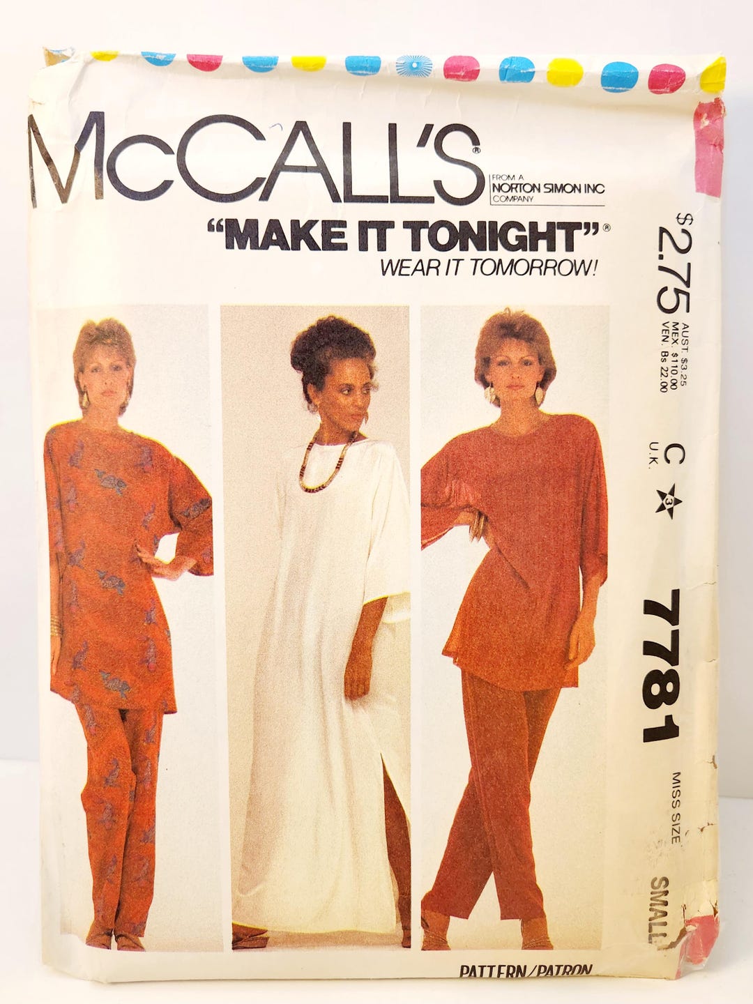 Vintage Mccall's 7781 Sewing Pattern: Dress, Tunic & Pants, Size Small ...