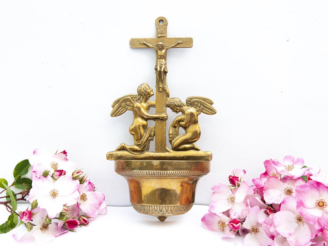 French Antique Brass Holy Water Font, Vintage Religious Stoup in Bronze ...