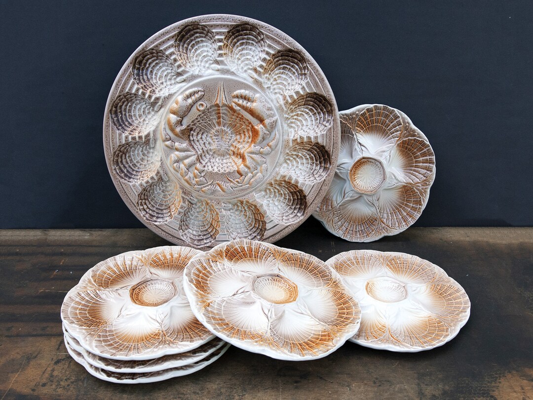 French Antique Oyster Plates SARREGUEMINES, Vintage Ceramic Seashell ...