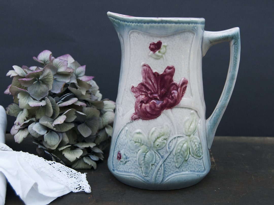 French Antique Large Ceramic Pitcher Majolica, Vintage Blue and Pink ...