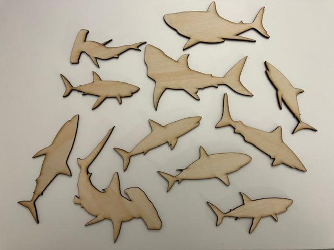 11-pack Shark Unfinished Laser Wood Cutout Crafts Shapes Cut Outs 1.5 ...