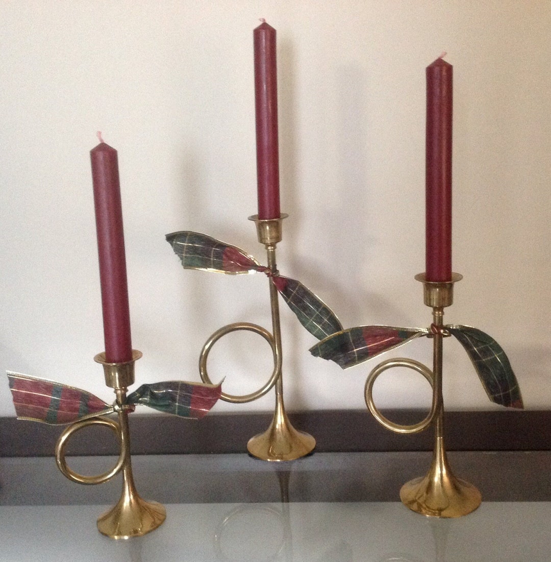 Vintage Graduated Brass Bugle Candlesticks, Set of 3 Brass Bugle Candle ...