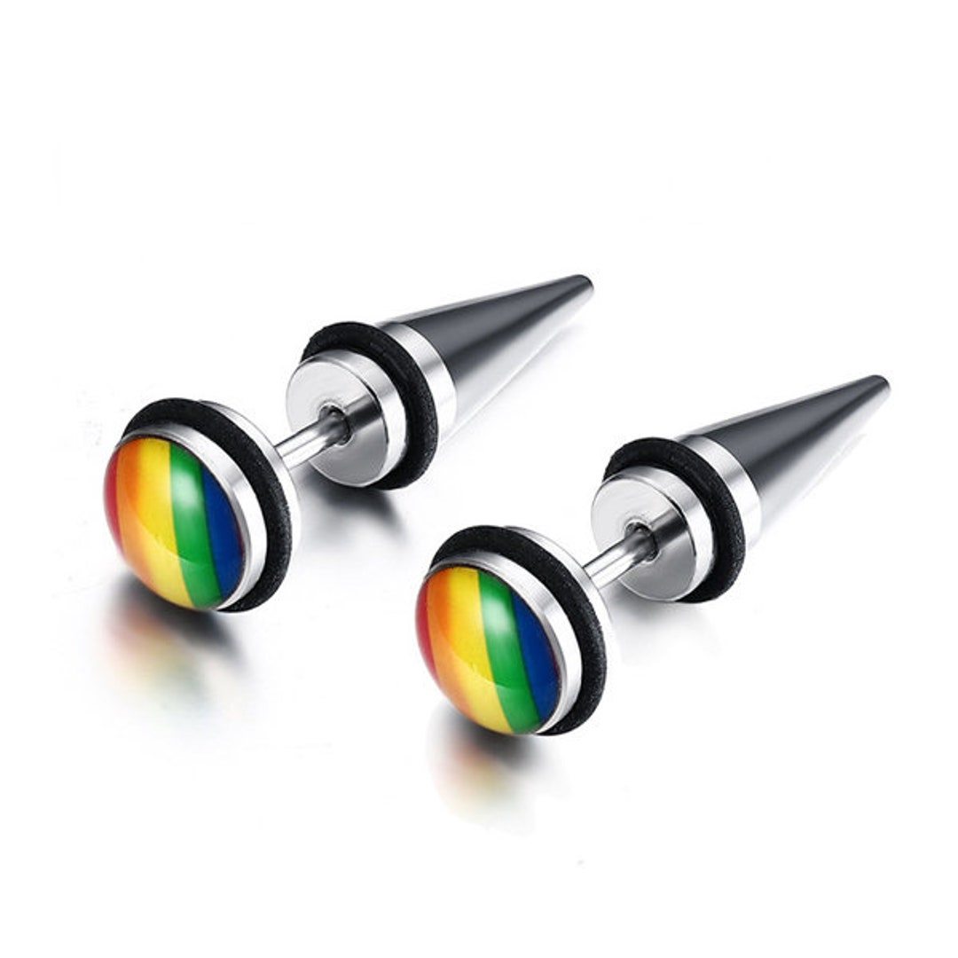 LGBTQ Pride Rainbow Silver Titanium Steel Fake Cheater Ear Taper Plugs ...
