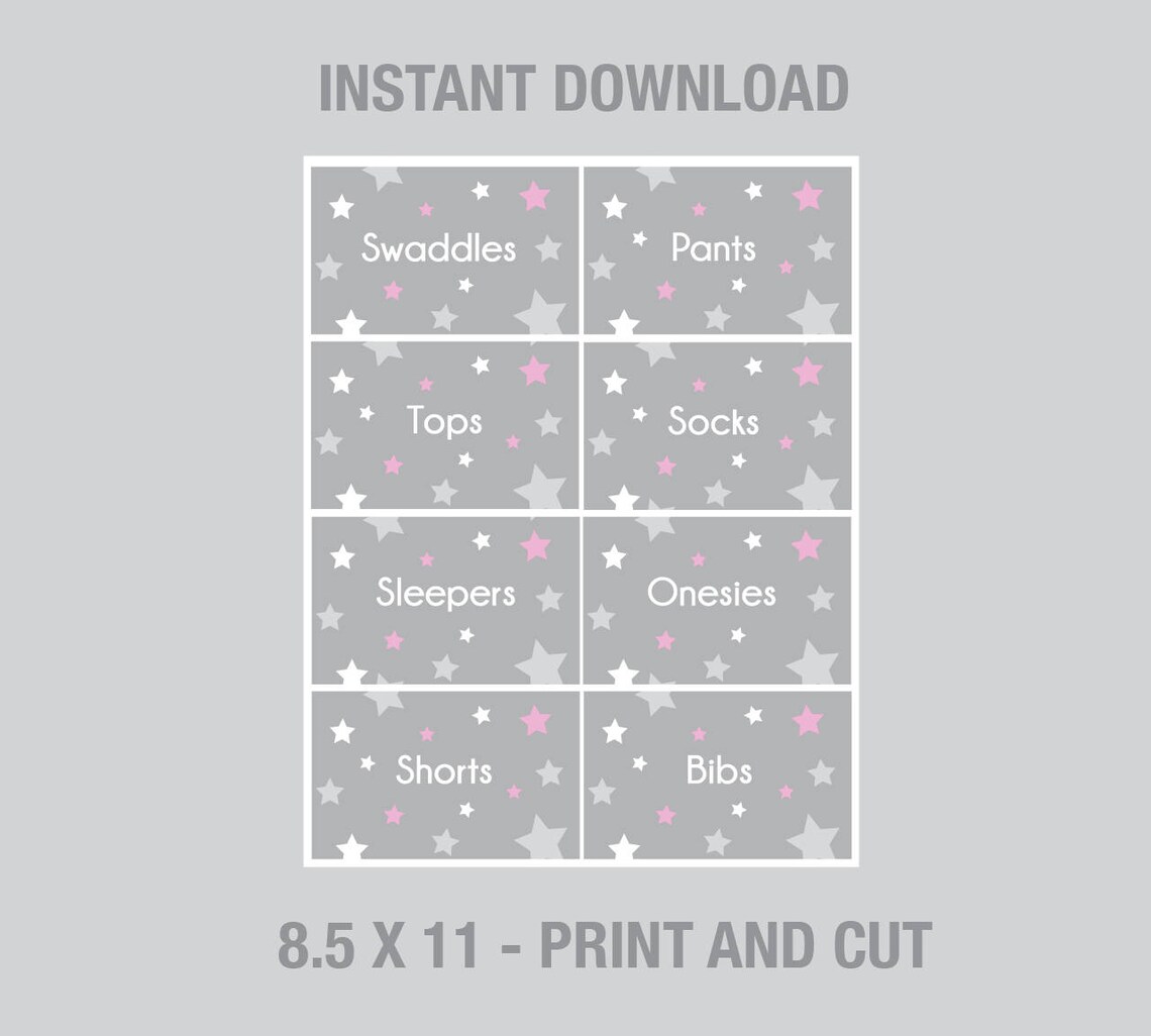 Printable Nursery Drawer Labels, Dresser Drawer Labels, Pink Stars and ...