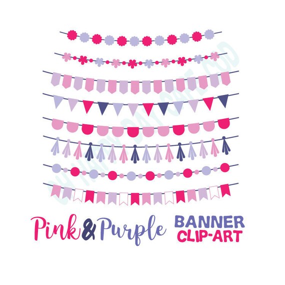 Clipart Pink Purple Banners Pennant Bunting Instant Download | Etsy