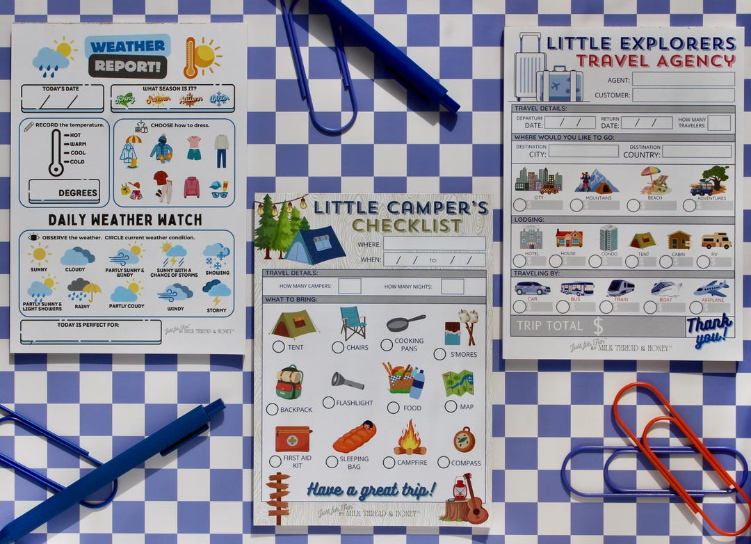 Pretend Play Notepads for Kids – Weather Report, Travel Agent & Camping ...