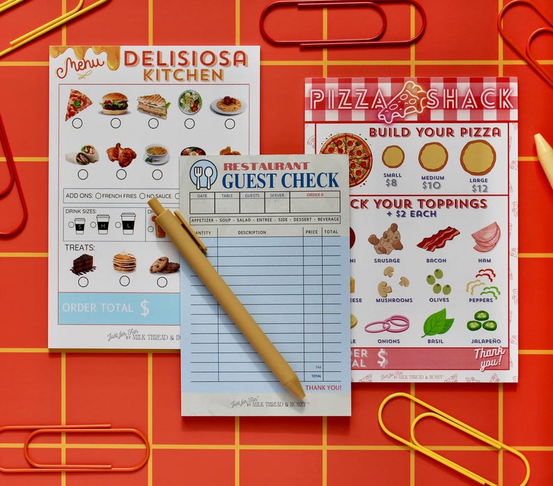 Pretend Play Notepads for Kids – Restaurant Menu, Pizza Order & Guest ...