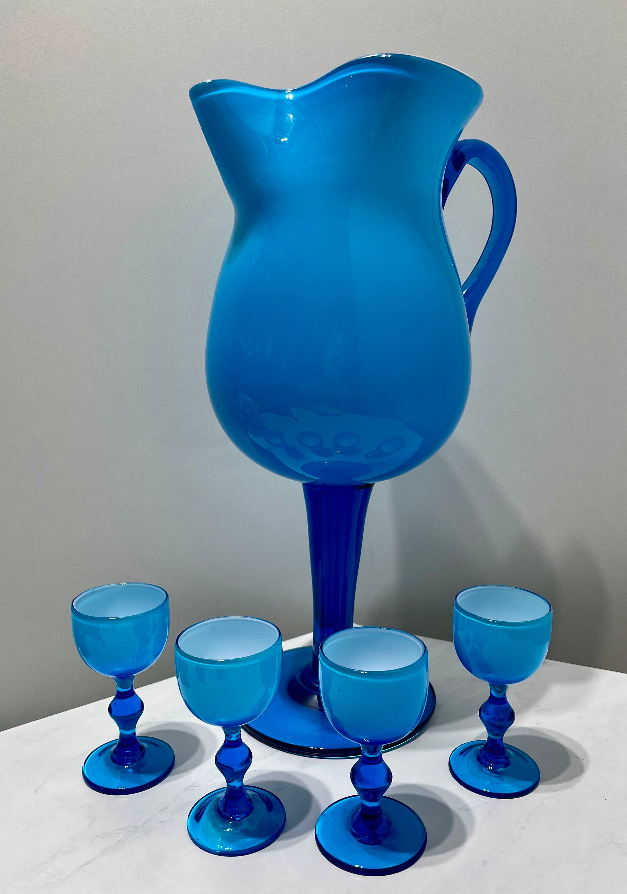 Vintage Carlo Moretti Cased Blue White Glass Pitcher and Shot Glasses ...