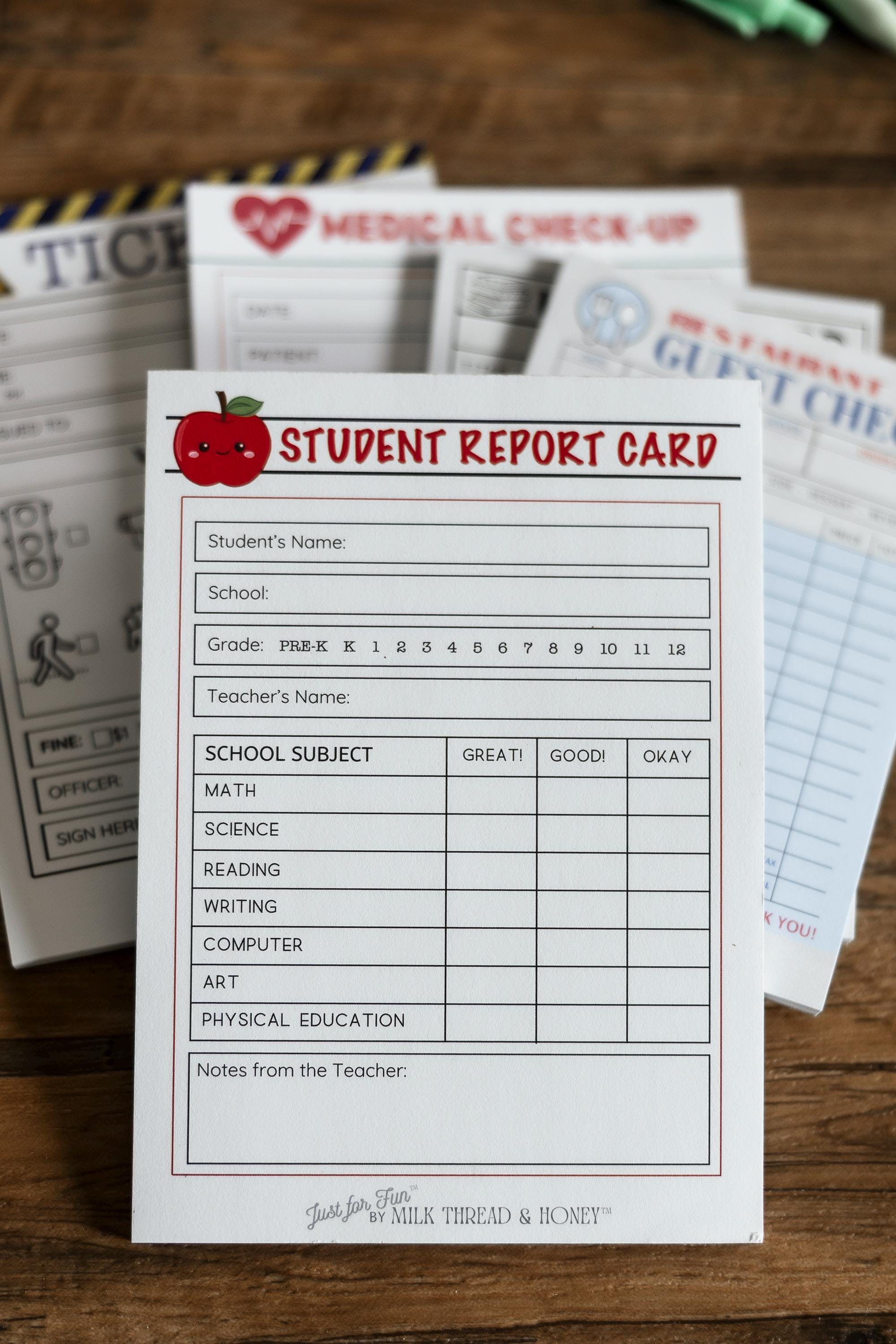 Kids Pretend Play Notepads: 8 Creative Themes - Ticket, Report Card ...