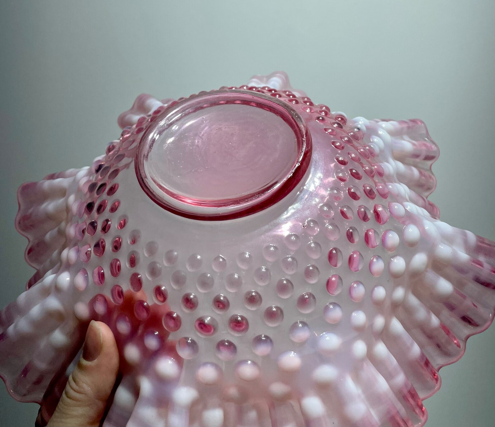 Fenton Pink Hobnail Opalescent Ruffled Crimped Brides Basket or Bowl//c ...