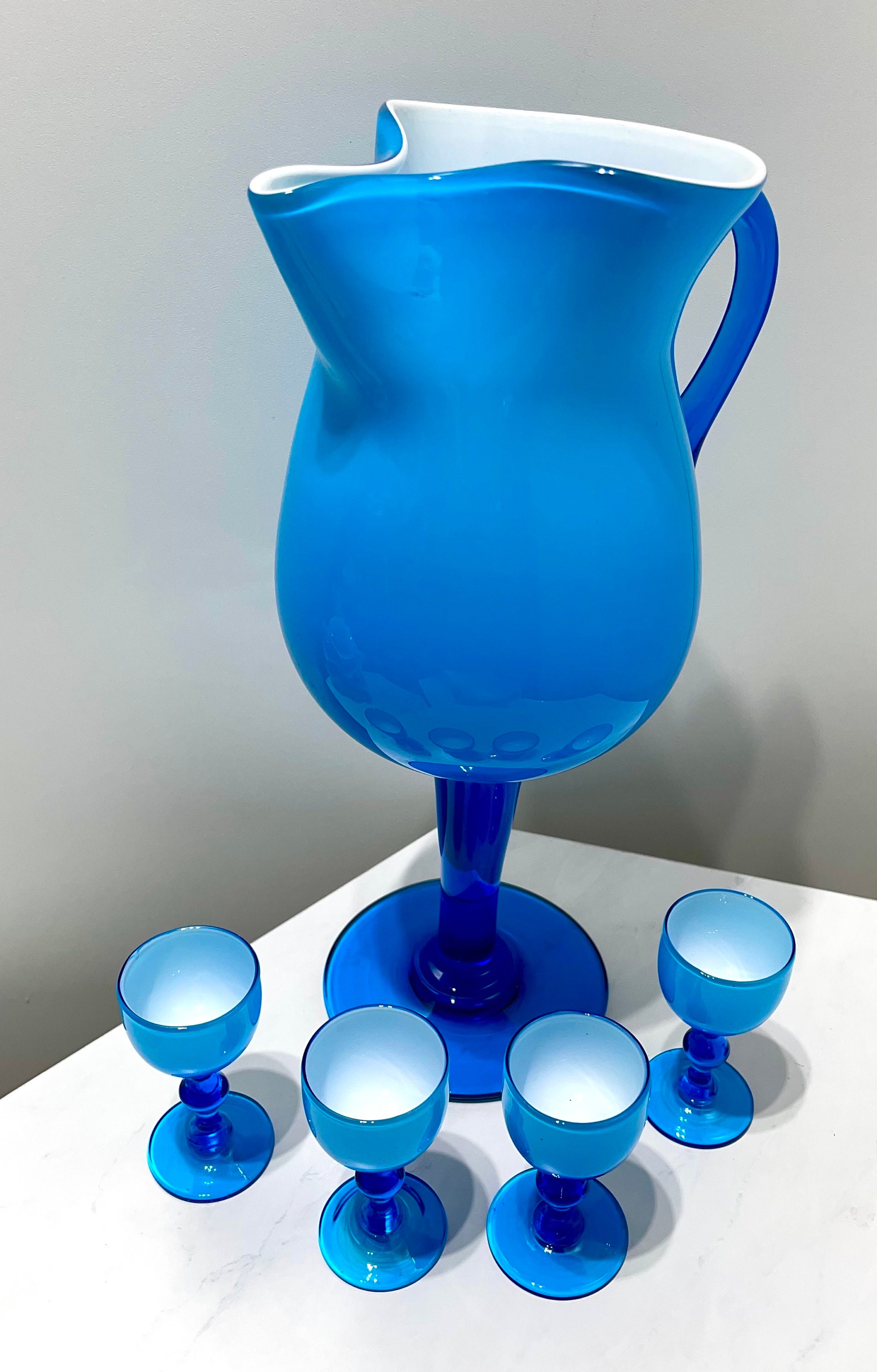 Vintage Carlo Moretti Cased Blue White Glass Pitcher and Shot Glasses ...