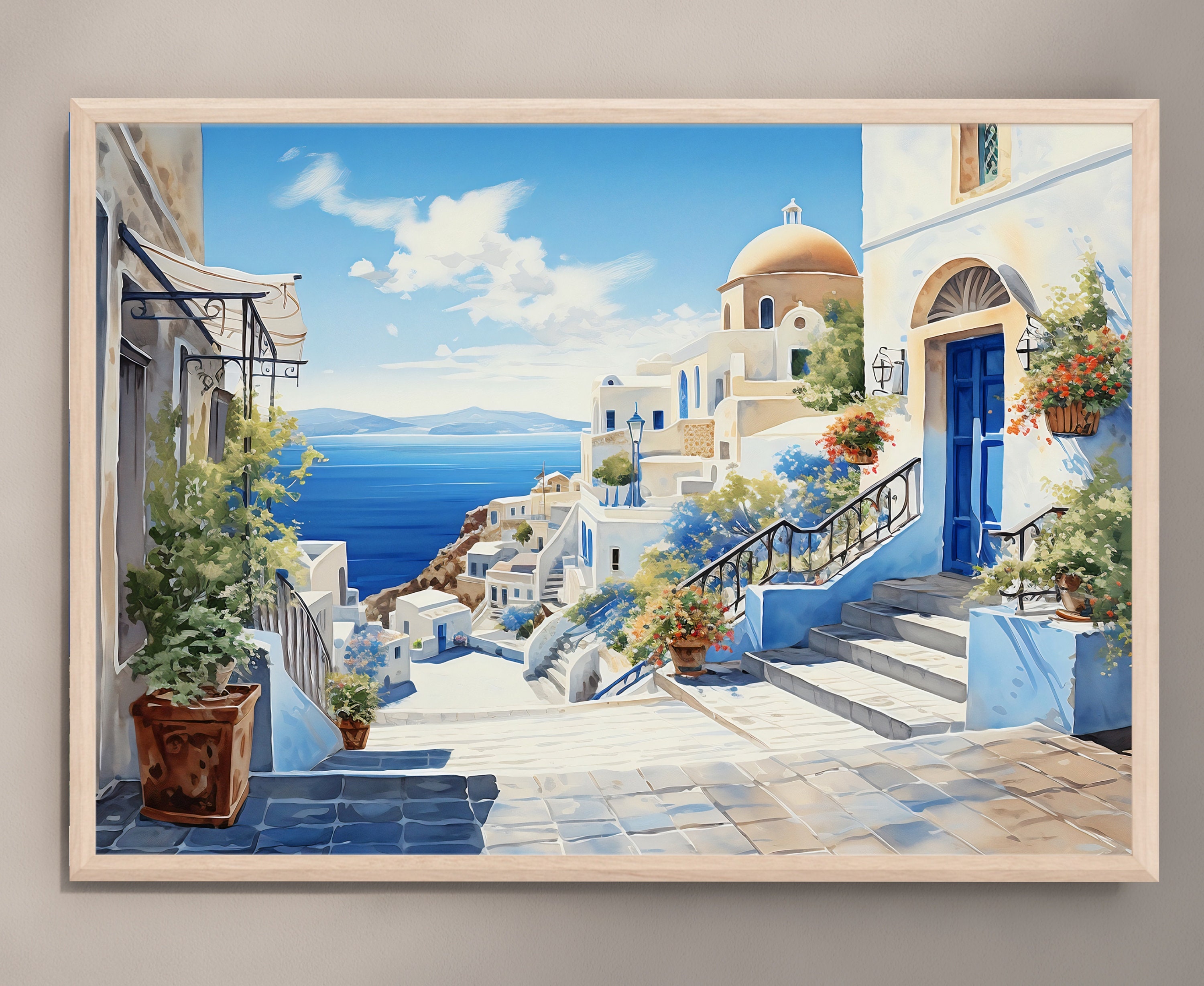 Santorini Greece Watercolor Painting Art Print, Santorini Wall Art ...