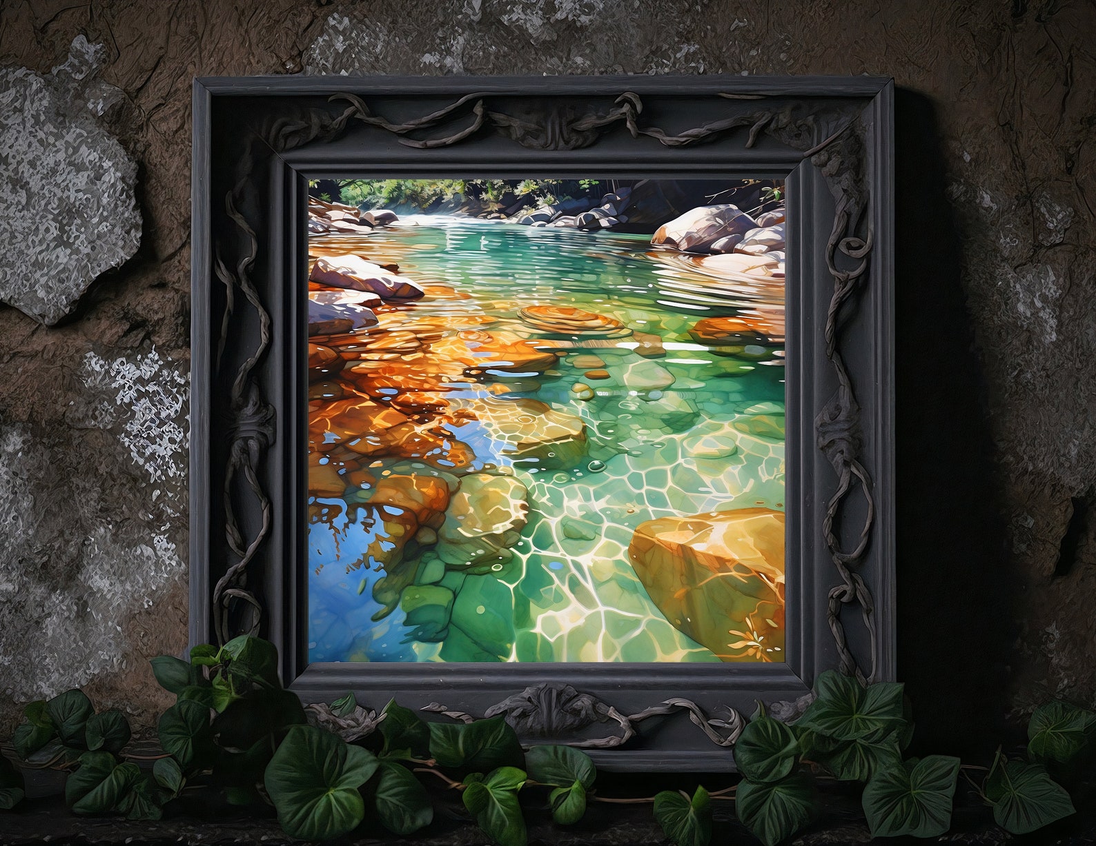 Lake View Watercolor Painting Art Print, Underwater Wall Art, Rocks by ...