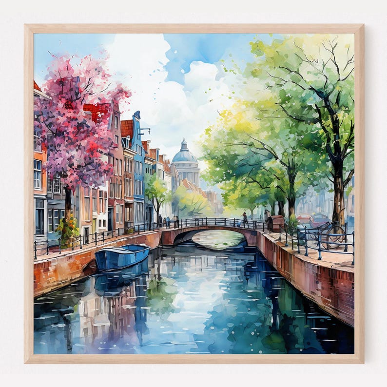 Amsterdam Canal Watercolor Print: Springtime Architecture Art - Etsy