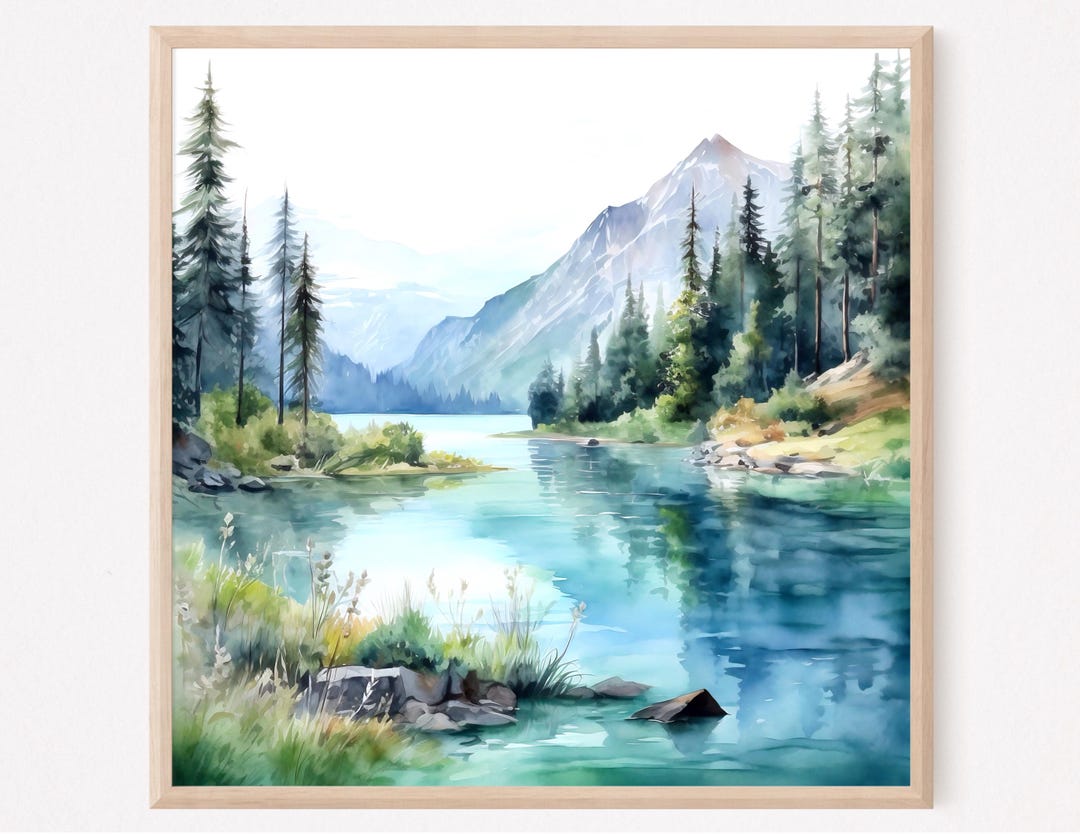Alaska Painting Watercolor Poster Travel Art Print Alaska Mountain Lake ...