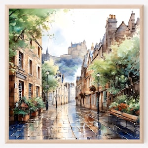 Edinburgh City Watercolor Painting Art Print, Square Poster, Edinburgh ...