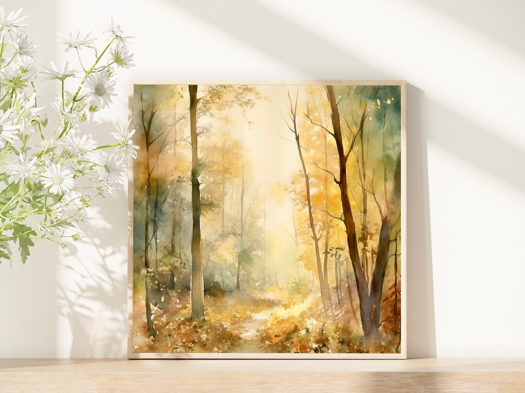Watercolor of Path in the Forest, Painting Print of Autumnal Landscape ...
