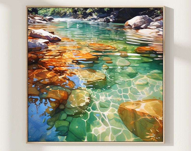 Lake View Watercolor Painting Art Print, Underwater Wall Art, Rocks by ...