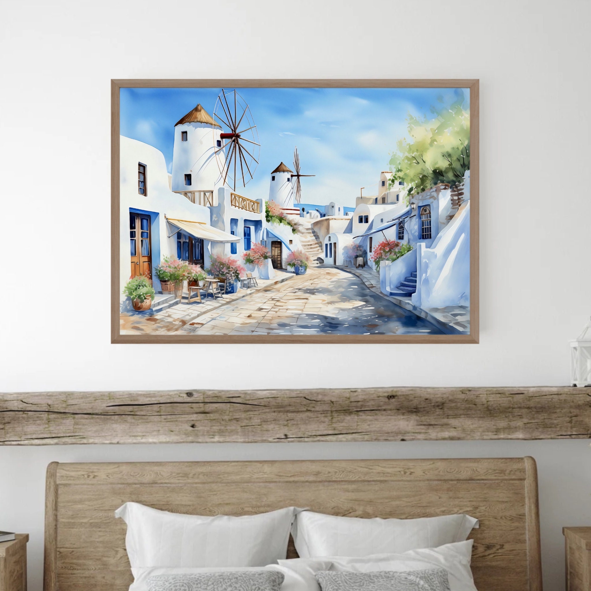 Santorini Greece Art Print: Watercolor Windmills, Summer Travel Poster ...