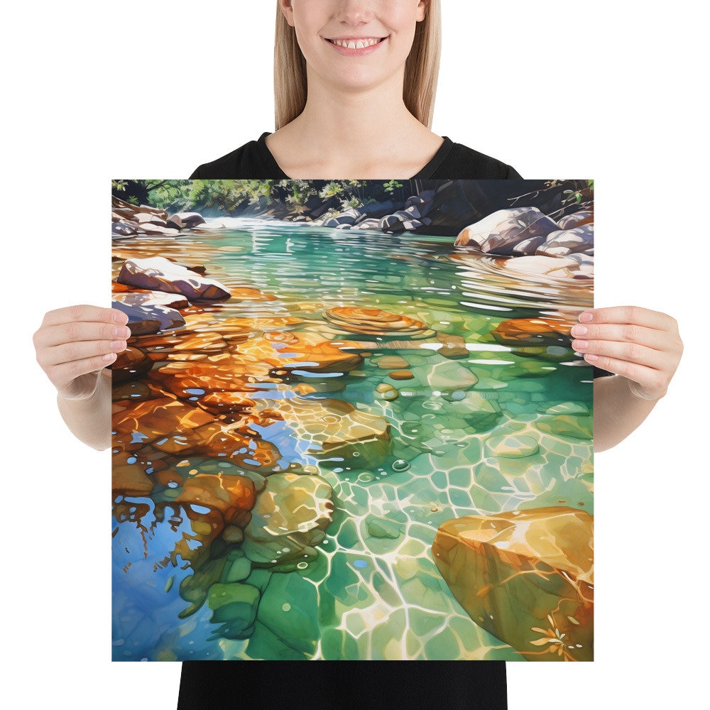 Lake View Watercolor Painting Art Print, Underwater Wall Art, Rocks by ...