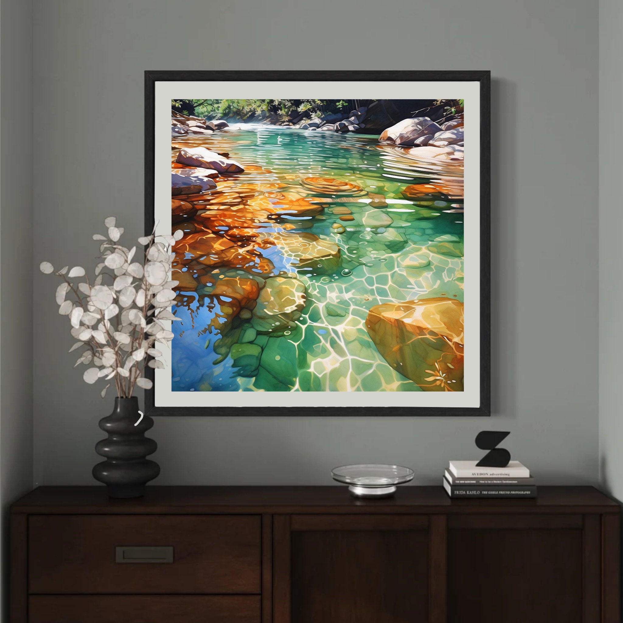 Lake View Watercolor Painting Art Print, Underwater Wall Art, Rocks by ...