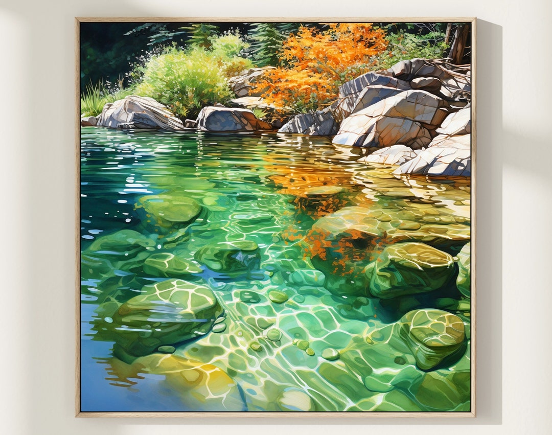 Lake View Watercolor Painting Art Print, Landscape Wall Art, Rocks by ...