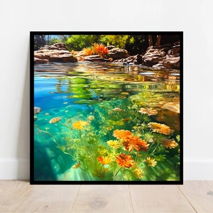 Lake View Watercolor Painting Art Print, Underwater Wall Art, Rocks by ...