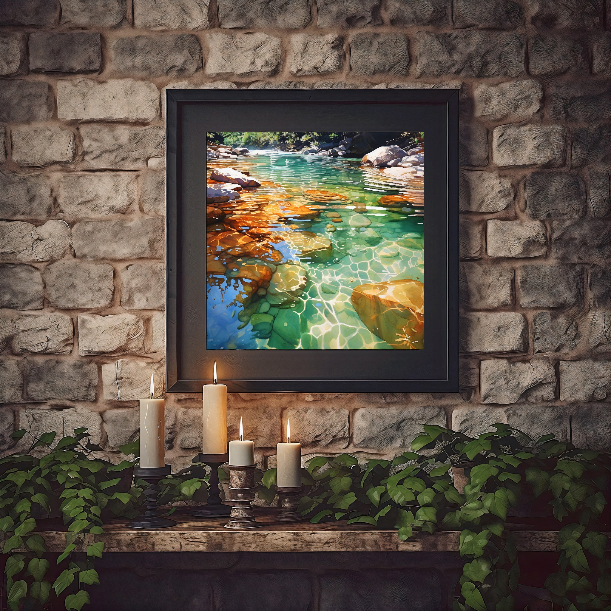 Lake View Watercolor Painting Art Print, Underwater Wall Art, Rocks by ...