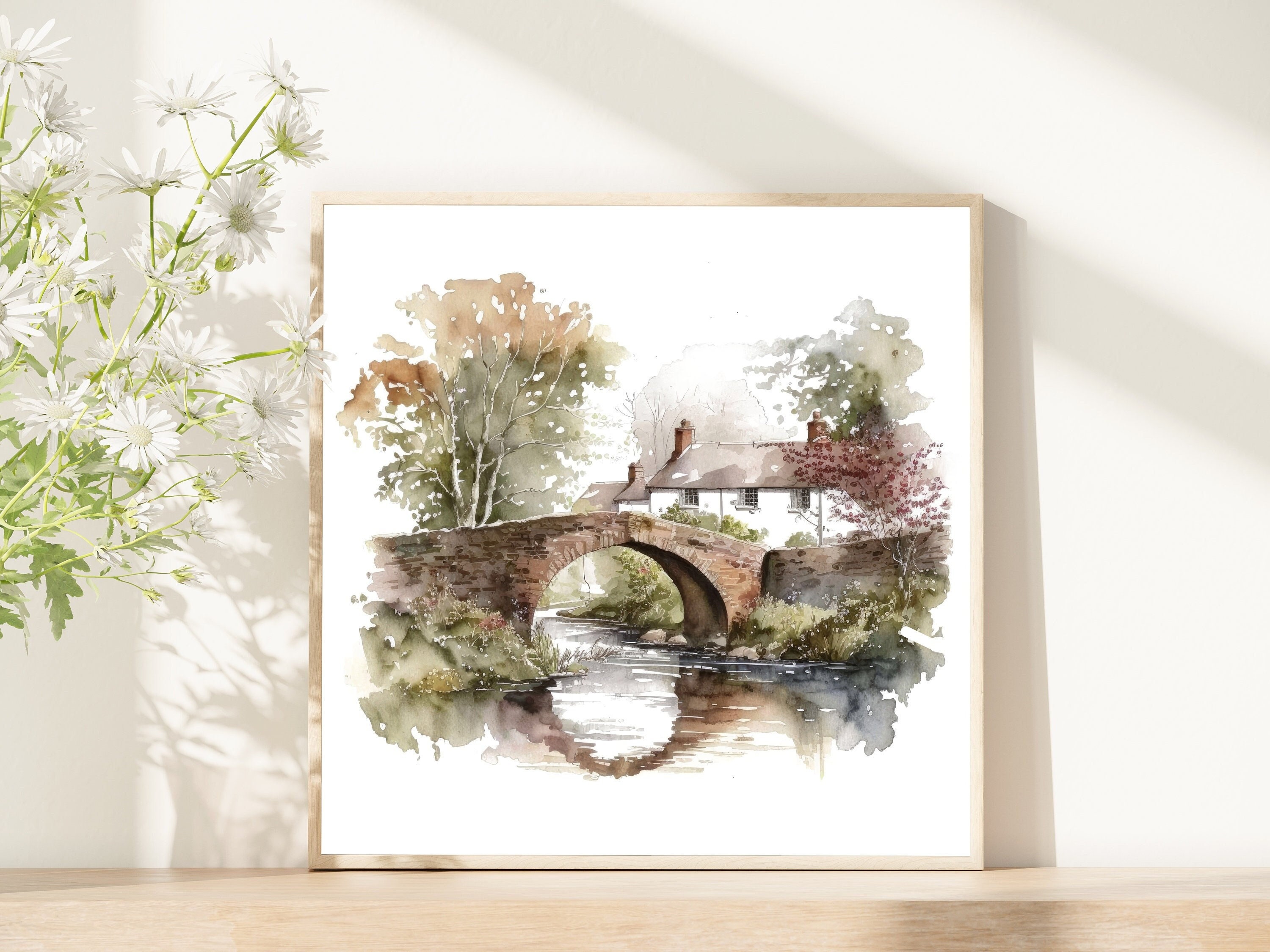 River Bridge Square Painting Art Print, Watercolor Painting, Country ...