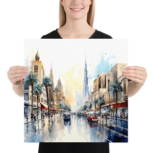 Dubai Watercolor Art, Skyline Art Print, Modern Arabian Jewel Poster ...