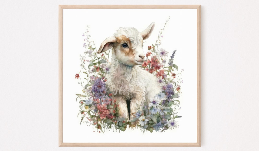 Watercolor Baby Goat With Flowers Painting Fine Art Print. GT - Etsy