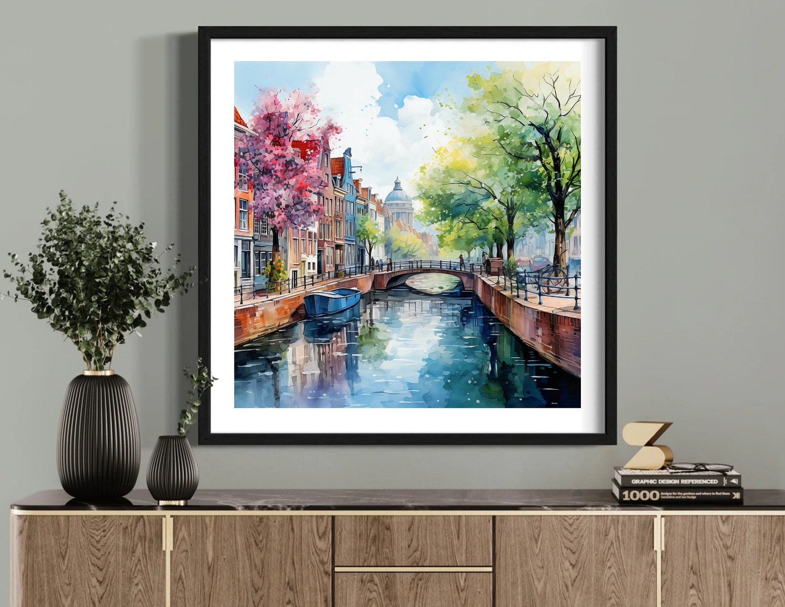 Amsterdam Netherlands Canal, Amsterdam Wall Art, Springtime Watercolor Painting, Architecture ...