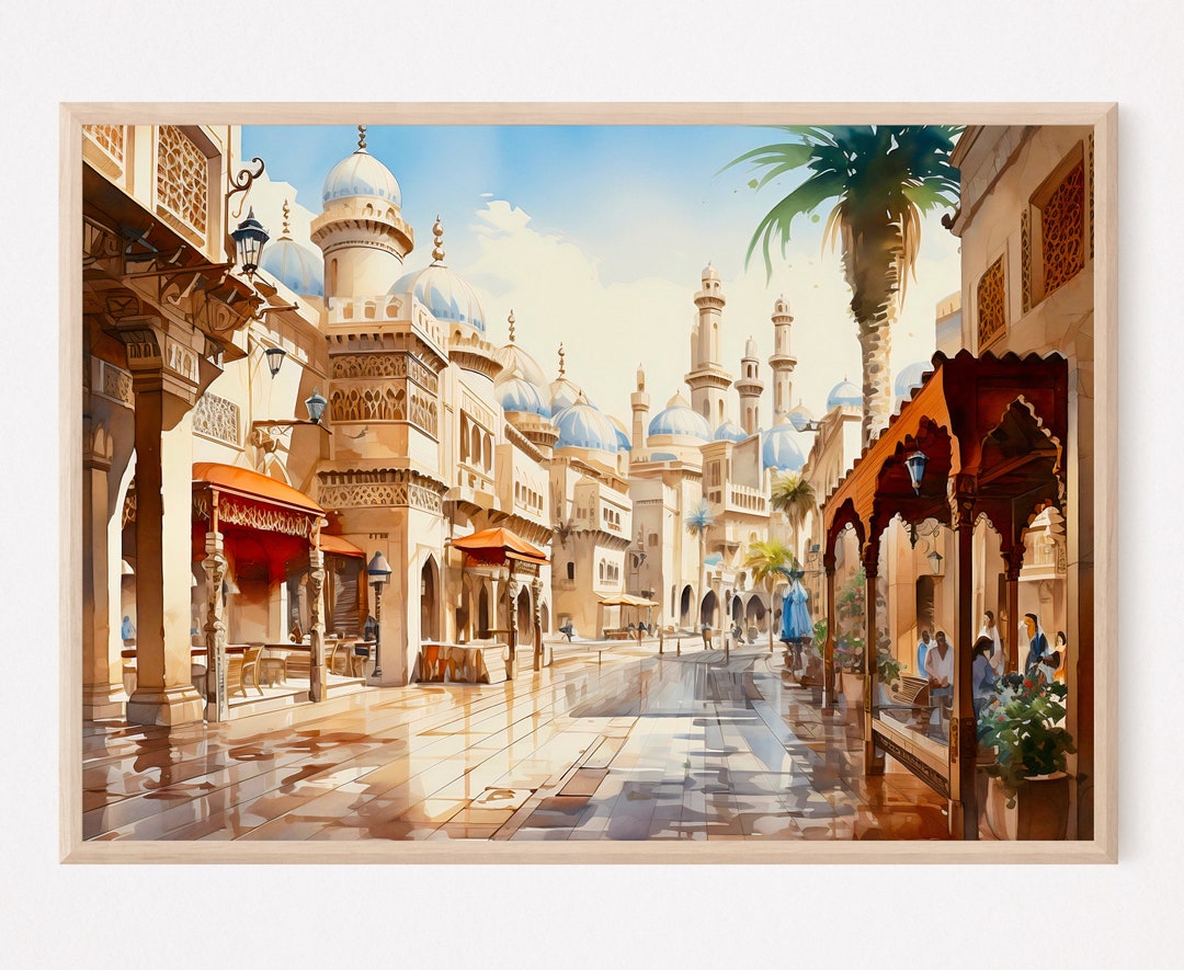 Dubai Gold Souks Watercolor Painting Art Print, Dubai United Arab ...