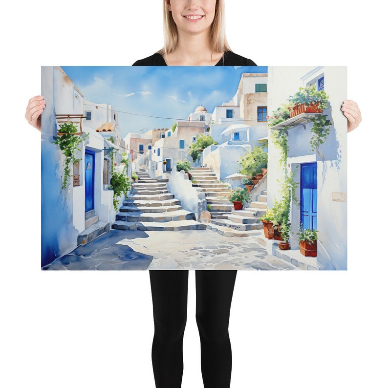 Santorini Greece Watercolor Painting Art Print, Santorini Wall Art ...