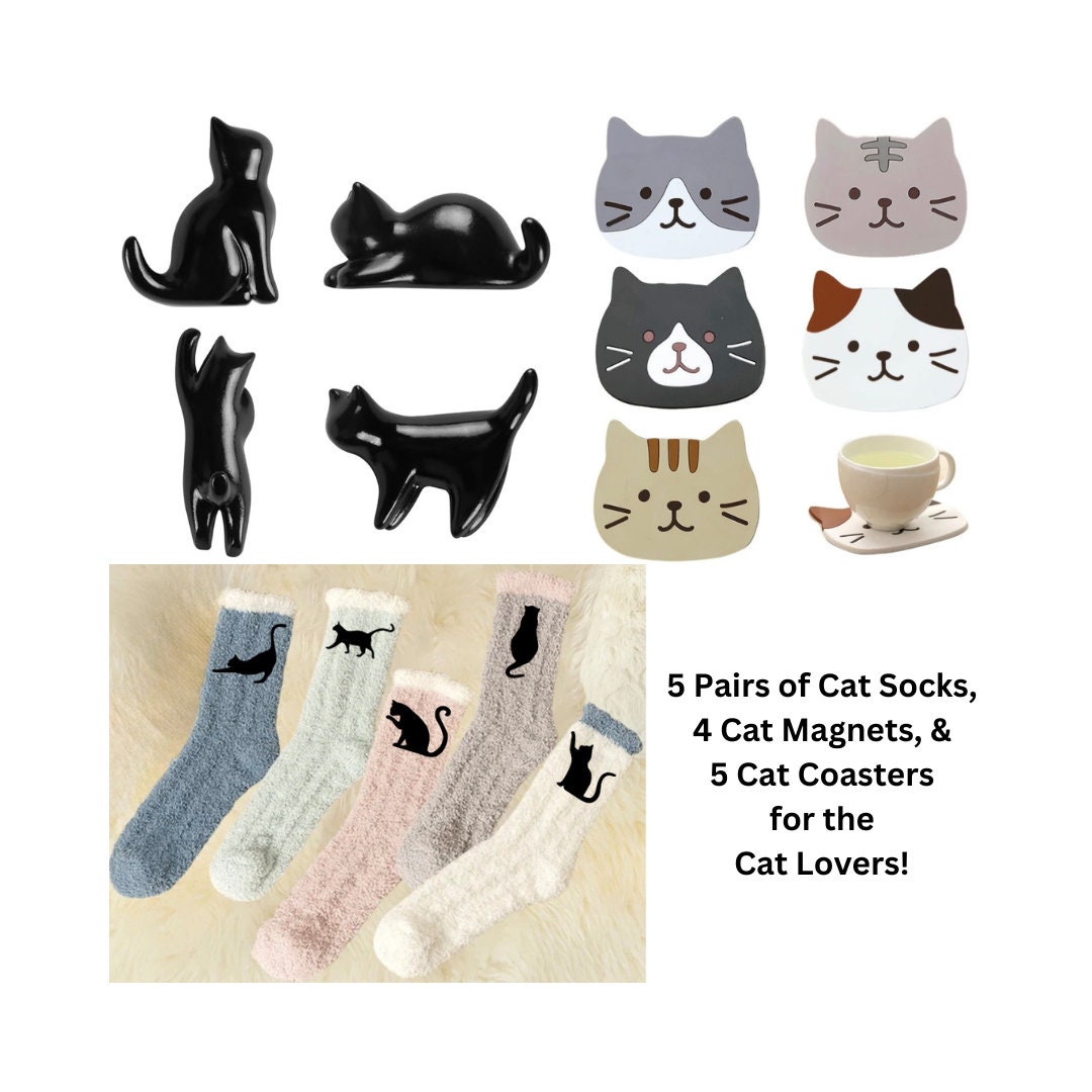 4 Cat Magnets, 5 Pairs of Cat Socks, & 5 Cat Coasters, Cat Lover Gift ...